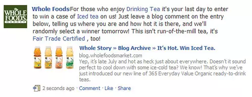 Actualització de l'estat de Facebook del te gelat per part de Whole Foods.