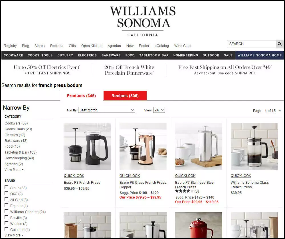 Williams-Sonoma ویب سائٹ کا Bodum French Press تلاش کے نتائج کا صفحہ