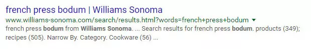 Како страницата Bodum French Press на веб-страницата Williams-Sonoma.com се појави на резултатите од пребарувањето на Google.