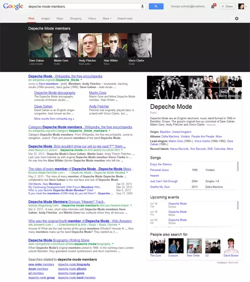 Depeche 模式成员的 Google 知识图和实体搜索结果