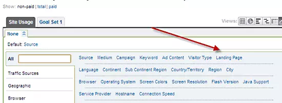 Google Analytics लैंडिंग पृष्ठ चयन