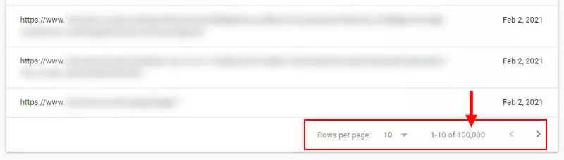 100,000 URL-കളുള്ള ഒരു സൈറ്റ് കാണിക്കുന്ന Google തിരയൽ കൺസോളിന്റെ സ്ക്രീൻഷോട്ട്