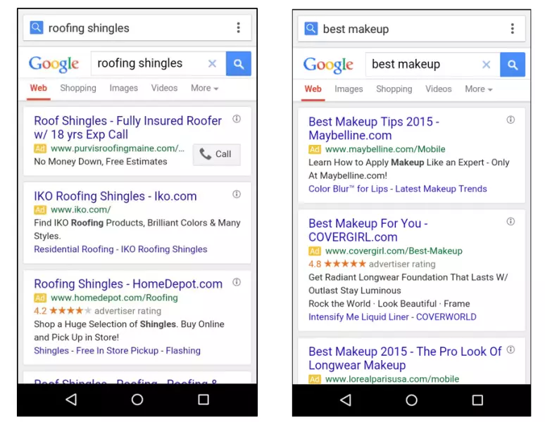 Google прикажува три мобилни текстуални реклами