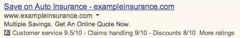 Primjer napomena o ocjenama Google AdWords kupaca
