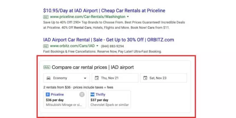 Гоогле тестира огласну јединицу за поређење за изнајмљивање аутомобила у резултатима претраге 13321_1