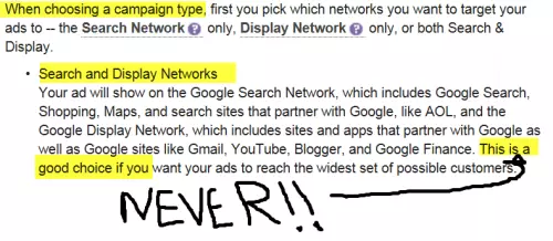 Nikdy, nikdy, nikdy nekombinujte vyhledávání a reklamní síť do stejné kampaně