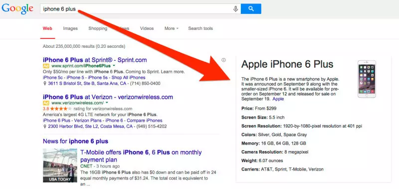 Met Apple se hulp kry Google Search spesiale inligtingkassies vir iPhone 6 en Apple Watch 13596_2