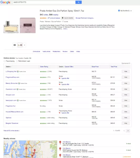 pagina de destinație Google Shopping pentru un anumit produs