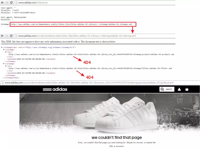 Adidas-ի կոտրված կայքի քարտեզներ