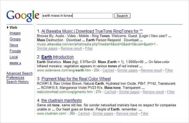 2006 жылы Google іздеу нәтижелері.