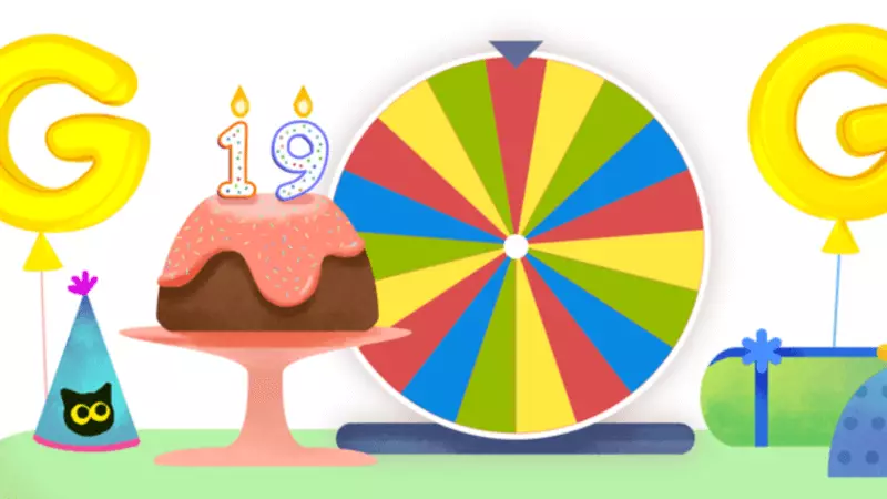 „Google“ pažymi savo 19-ąjį gimtadienį su „Google“ gimtadienio staigmenų suktuko logotipu 14252_1
