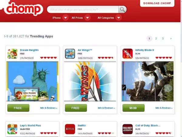 Chomp affiche les applications tendance en popularité et sélectionne de manière algorithmique les catégories