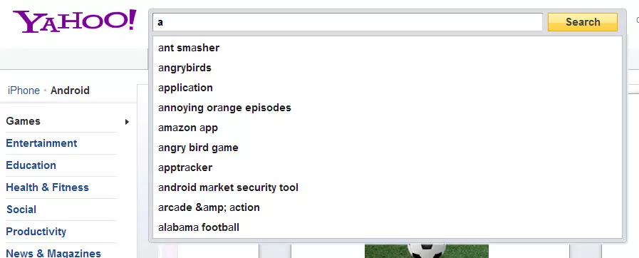Yahoo! app search suggest daje prijedloge ključnih riječi specifičnih za aplikaciju upisivanjem jednog znaka.