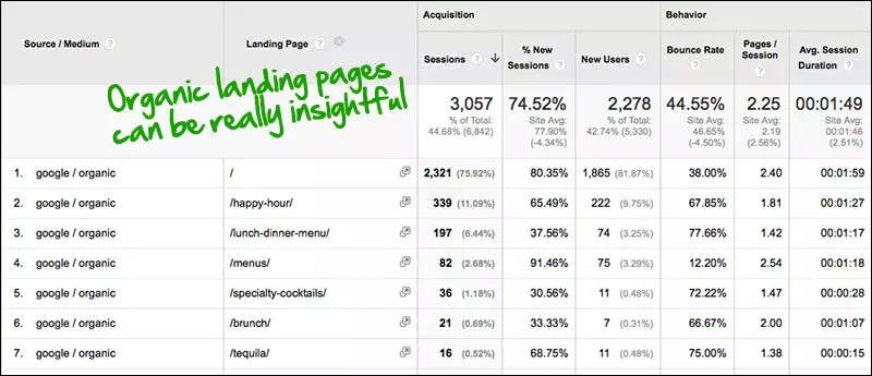 Google Analytics - organiese bestemmingsbladsye