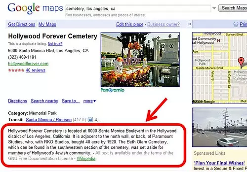 Pagina del luogo del cimitero di Hollywood Forever su Google Maps