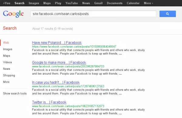 Google શોધ પરિણામોમાં ફેસબુક વપરાશકર્તા પોસ્ટ્સ