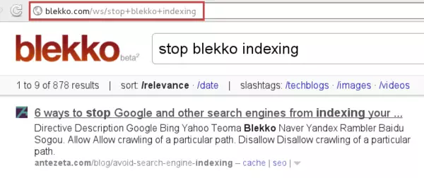 Blekko serĉrezulto kun uzantŝlosilvortoj en la rezulta URL