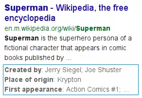 Lista de superman wikipedia con fragmentos de datos estruturados