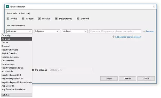 avancerad sökning i bing ads editor 11