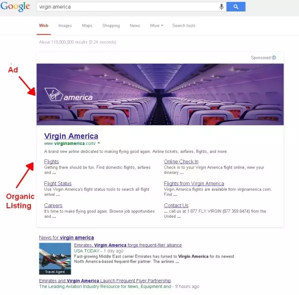 Тест за реклама за реклами на Google за банери Virgin America