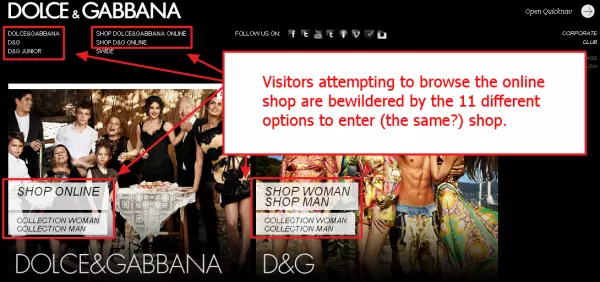 Началната страница на D&G има объркваща бъркотия от опции за навигация до магазина.