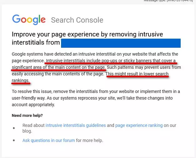 Upozornění Google Search Console na odstranění rušivých vsunutých reklam 1750_1