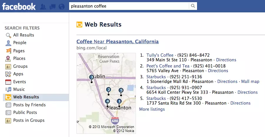 Bing lokale webresultater på Facebook
