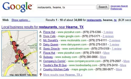 Пример за Google 10-пакет с резултати от локално търсене