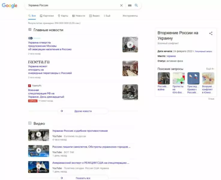 Mibairo yekutsvaga yeGoogle yeRussian