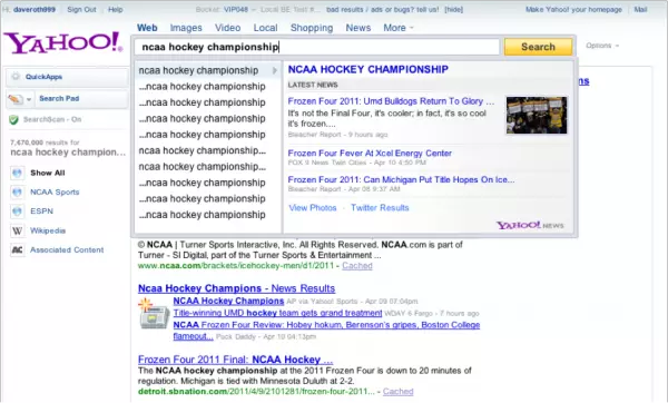 Yahoo søkeresultatside for ncaa hockey championship