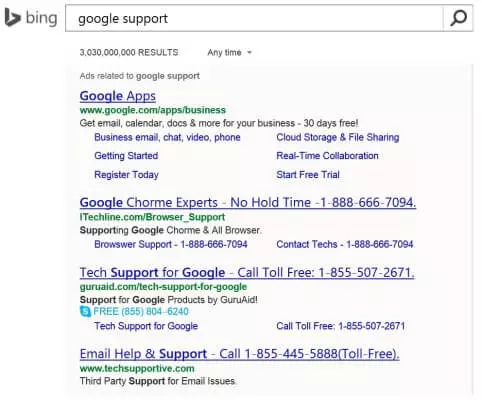 Bing SERP ฝ่ายสนับสนุนของ Google