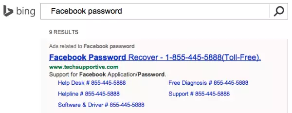 Facebook қолдауы техникалық алдау жарнамасы Bing