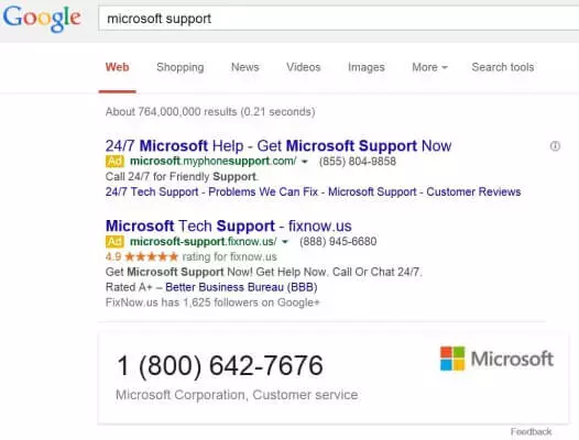 Résultat Google de l'assistance Microsoft