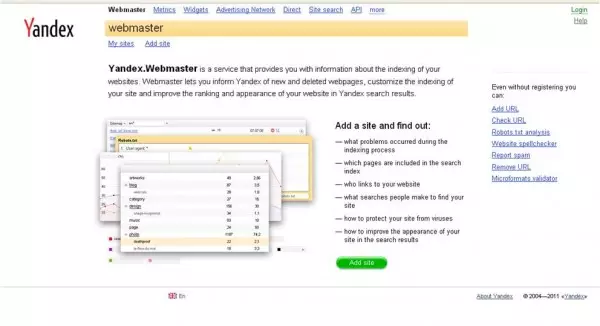 Англис тилиндеги Yandex Webmaster Tools