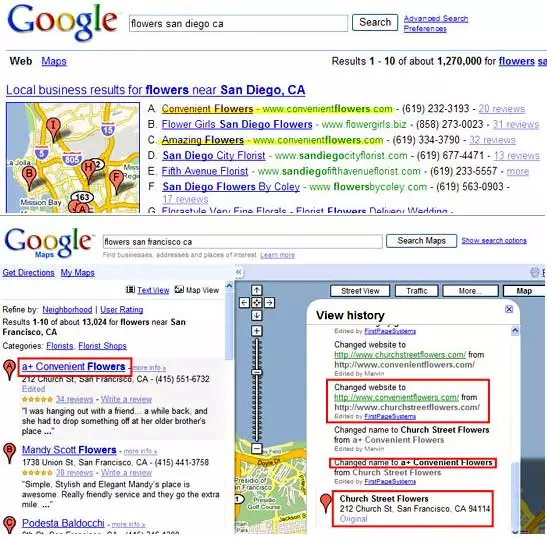 Snímek obrazovky únosu v Google Local 10 Pack a Mapy