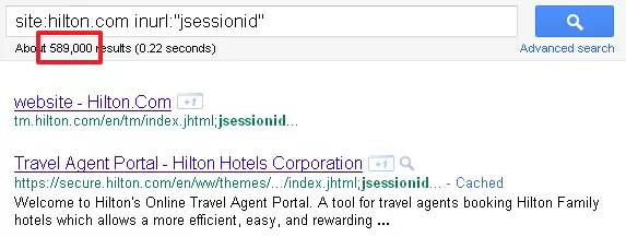 Hilton.com's Jsessionid индекстелген барактар