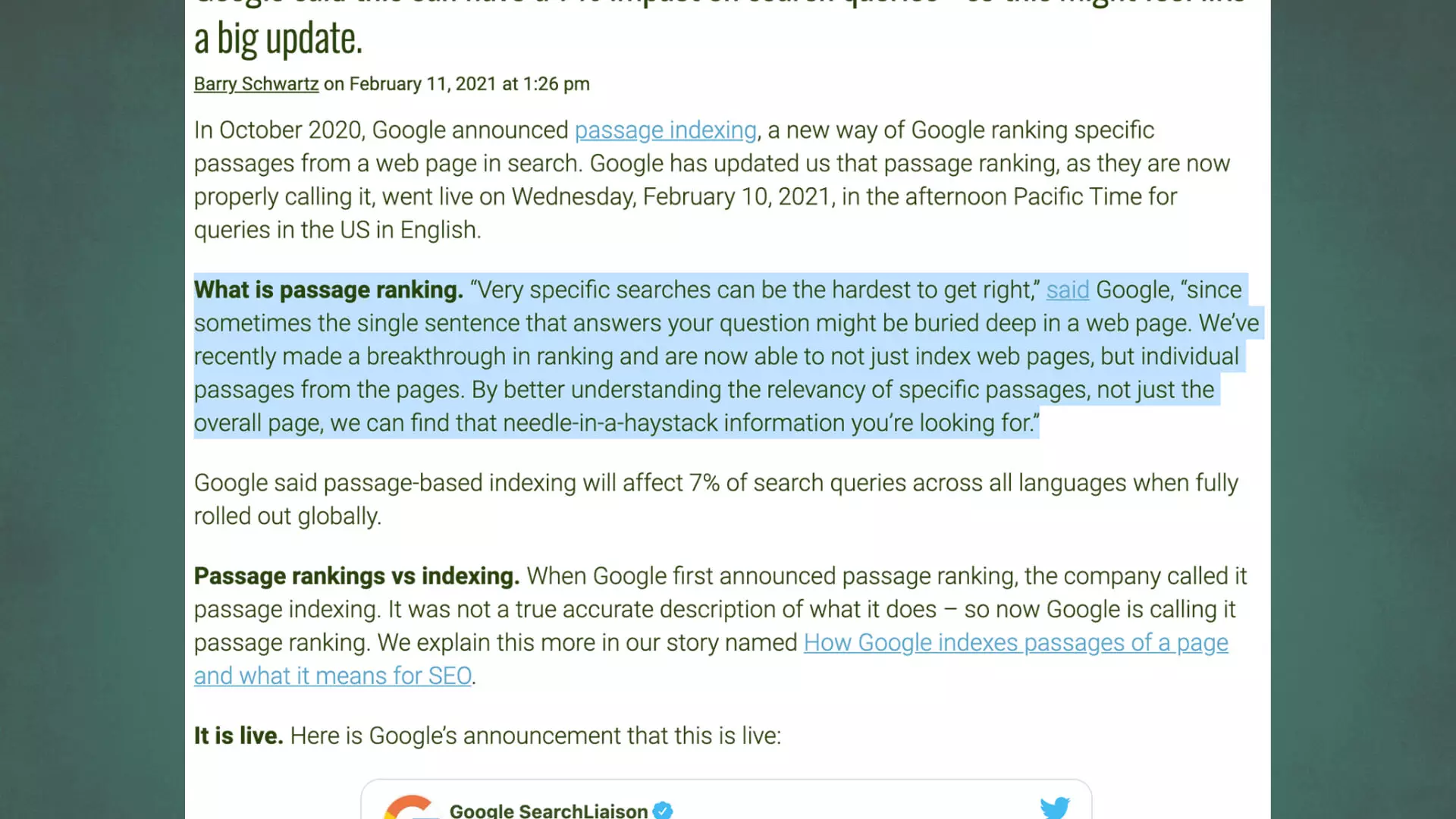 Google passage ranking ໃນປັດຈຸບັນຢູ່ໃນຜົນການຄົ້ນຫາພາສາອັງກິດຂອງສະຫະລັດ