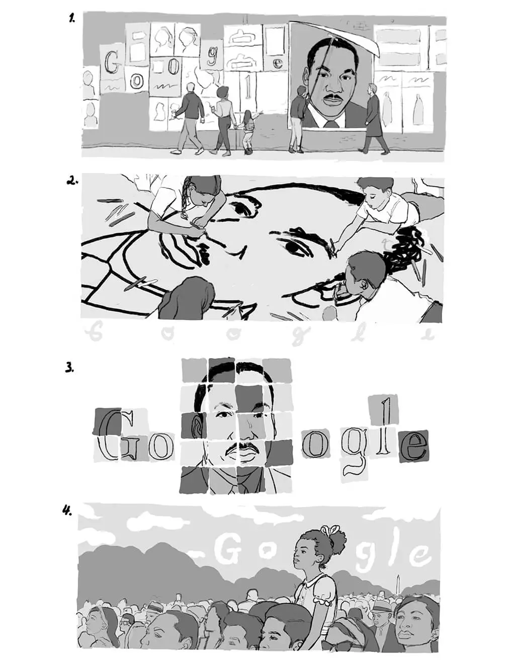 Martin Luther King Jr. Day 2018 Google doodle သည် ဒေါက်တာ King နှင့် ပိုမိုကောင်းမွန်သောကမ္ဘာအတွက် သူ၏အိပ်မက်ကို ဂုဏ်ပြုပါသည်။ 20603_2