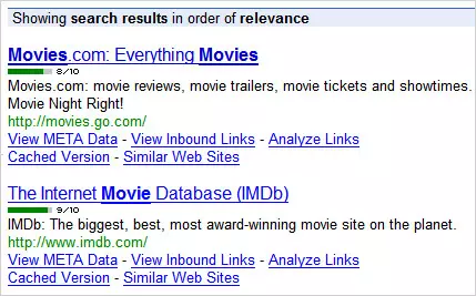 Resultats de la cerca de Google amb puntuacions de PageRank