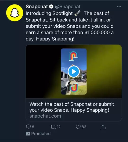 Reklama Snapchat Spotlight në Twitter