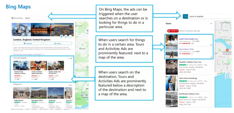 Bing Maps қолданбасындағы турлар мен әрекеттер туралы хабарландырулар