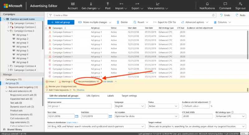 Microsoft Advertising Editor diénggalan ku saran sareng nargetkeun tingkat kampanye 2272_1