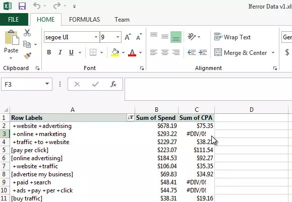 Поради Excel IFERROR, обчислене поле для виправлення помилок #DIV/0