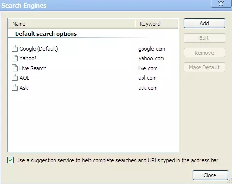 Možnosti výchozího vyhledávače Chrome