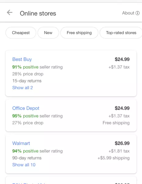 خيارات المتجر عبر الإنترنت في Google Shopping