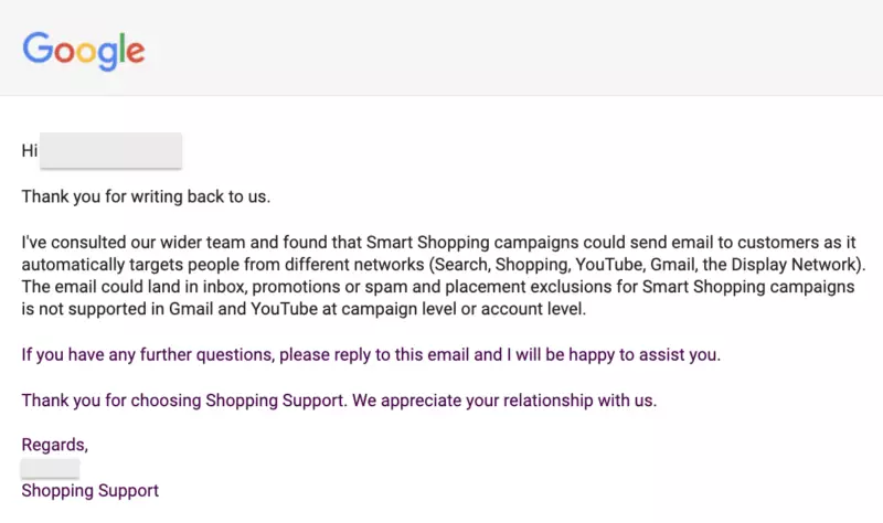 Електронний лист від служби підтримки Google Shopping