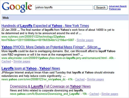 Съкращения на Yahoo в Google