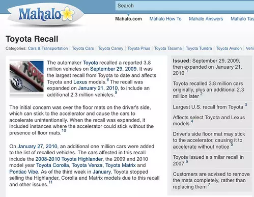 Toyota Richiamo su Mahalo