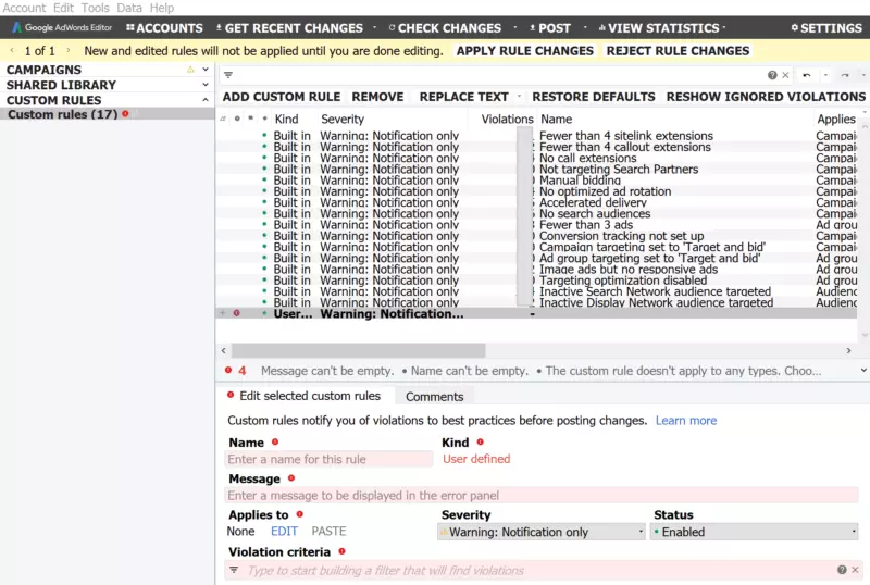 د AdWords Editor نوي دودیز قواعد تاسو ته اجازه درکوي ژر تر ژره وګورئ چې ستاسو په حسابونو کې څه شتون لري 26552_2