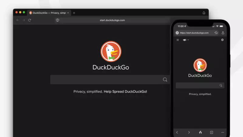 ডেস্কটপ এবং মোবাইলে DuckDuckGo এর ব্রাউজারের উদাহরণ।